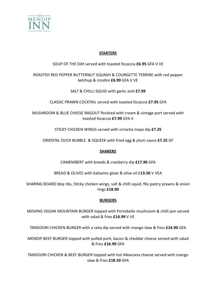 Menus | The Mendip Inn