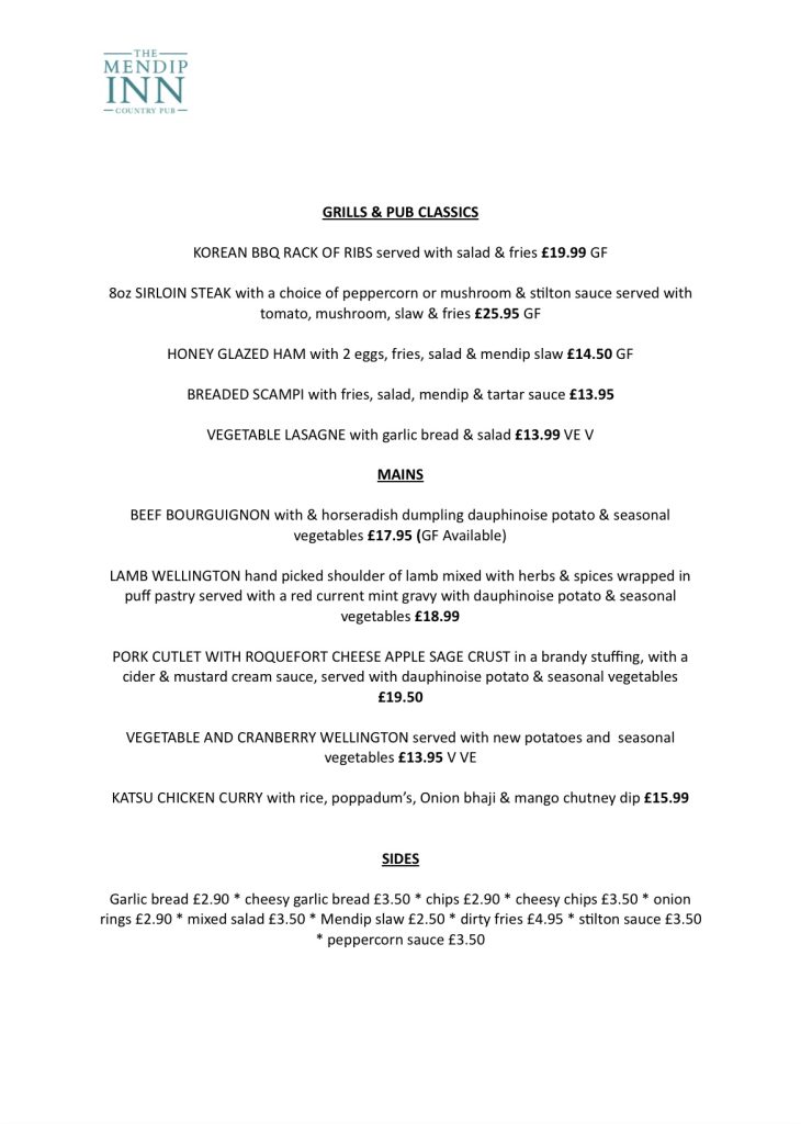 Menus | The Mendip Inn