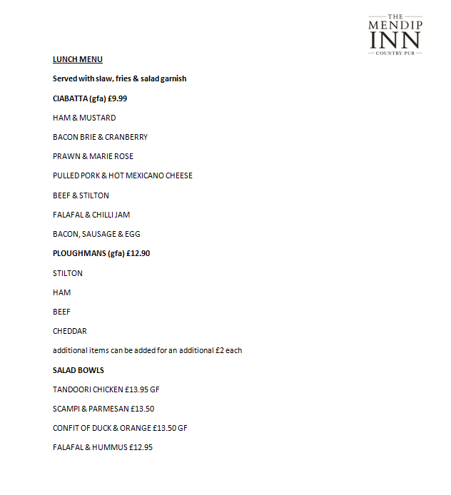 Menus | The Mendip Inn